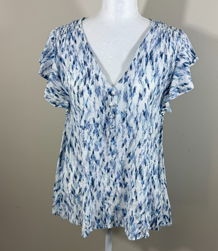 Floral & Ivy Flutter Sleeve Blouse Women's Size XL Blue White Abstract ...