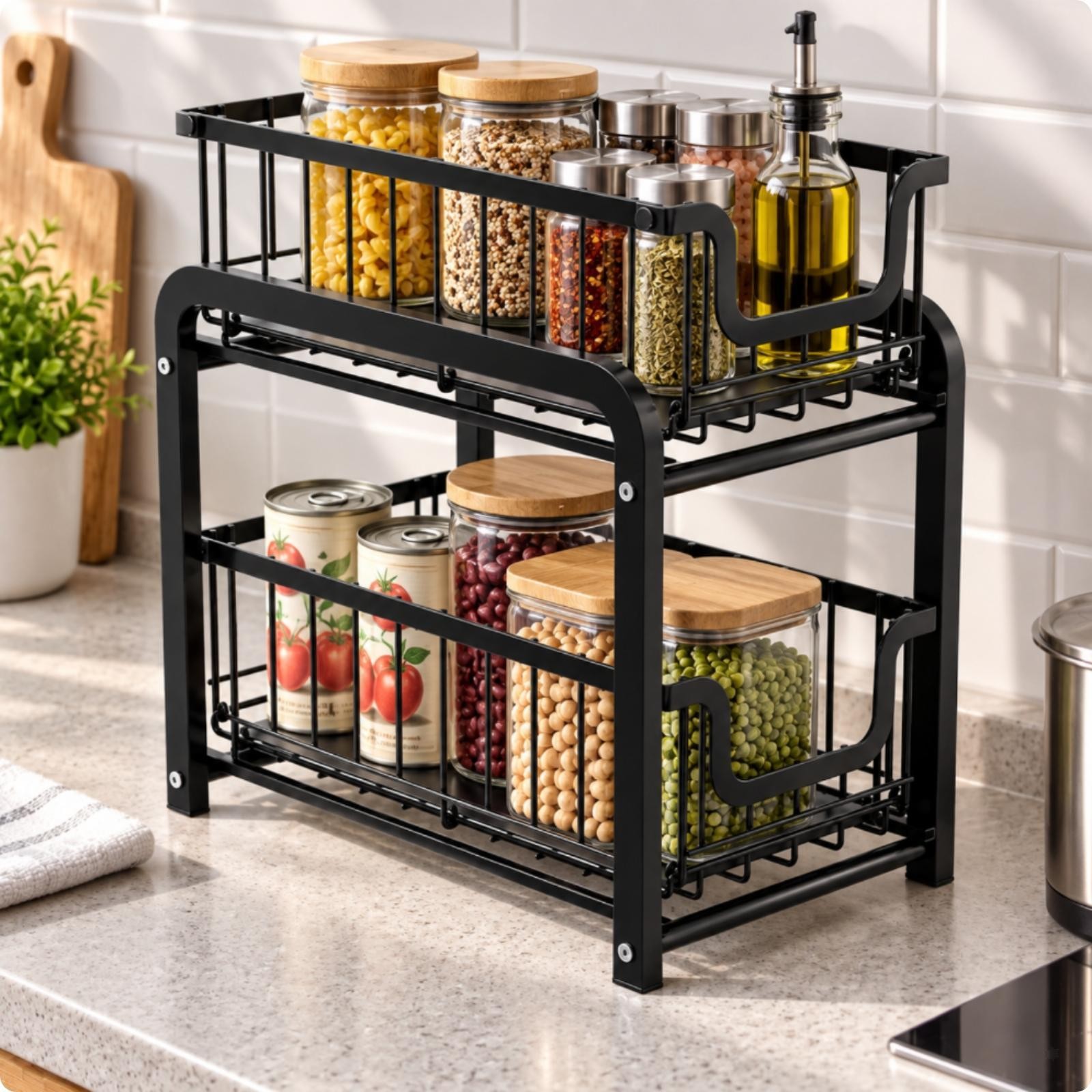 Iron Storage Rack with Pull-out Wire Baskets Space-Saving Foldable ...