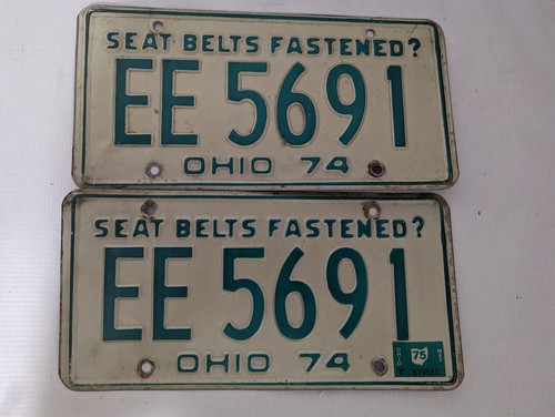 Ohio license Plates Matched Set Pair 1974 EE 5691 White w Green Border ...