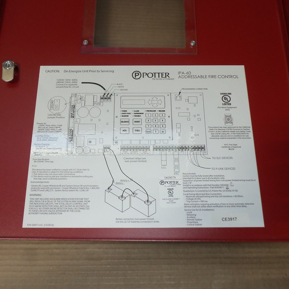 POTTER IPA-60 60 POINT ADDRESSABLE FIRE CONTROL ALARM PANEL 120/240 VAC ...