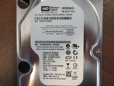Western Digital WD5000AAKS-00D2B0 Dcm : HHRNHT2CHB 500gb 3.5 " SATA ...
