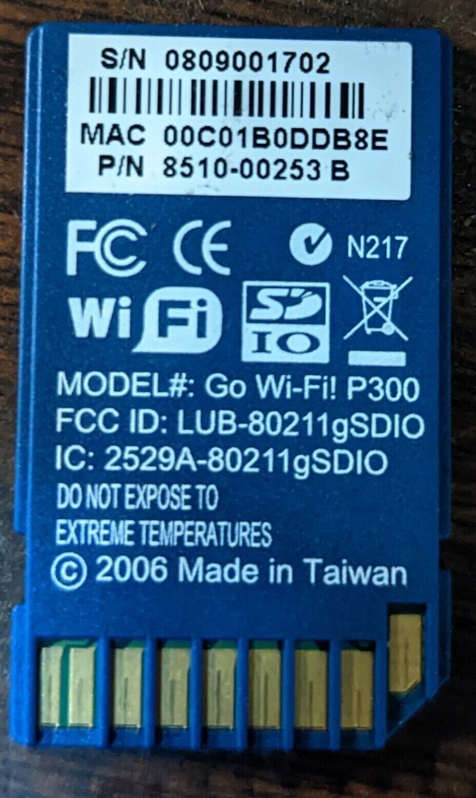 SOCKET GO WI FI P300X 8510-00258 A 802.11g SDIO WIRELESS LAN WL6225-672 ...