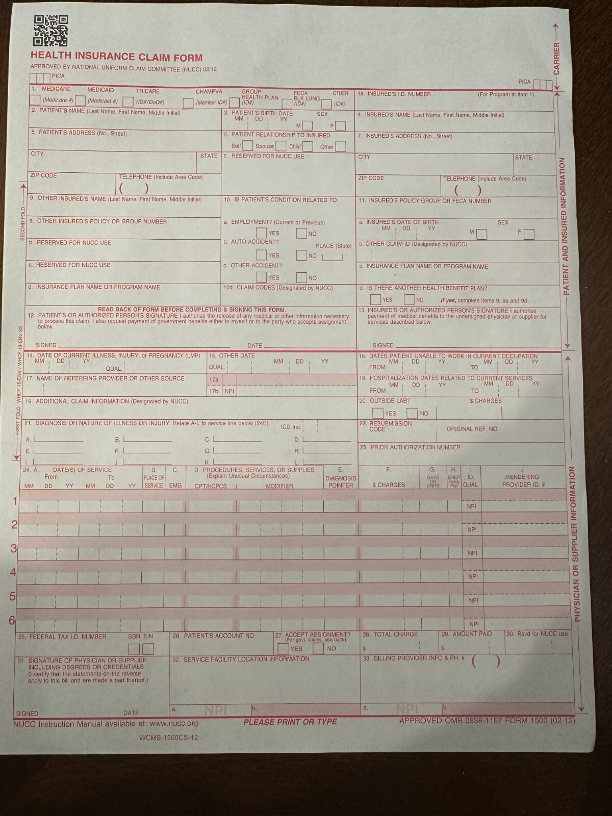 NEW CMS 1500 Forms - HCFA Health Insurance Claim (Version 02/12) - 300 ...