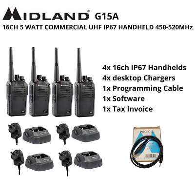 4x MIDLAND G15A 16CH 5 WATT COMMERCIAL UHF IP67 HANDHELD 450-520MHz ...