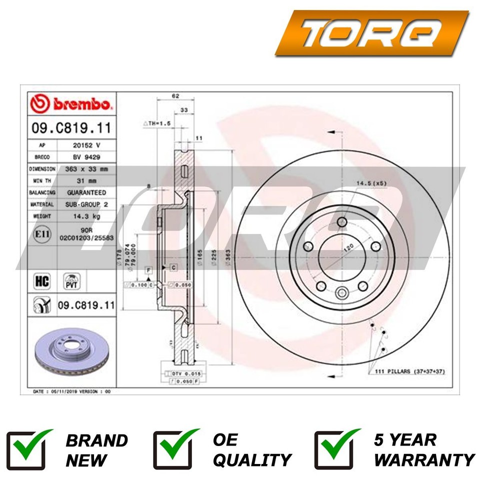 Brake Disc Front Torq Fits Land Rover Range Rover Sport 2014- Range ...