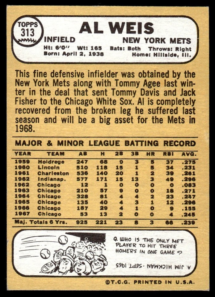1968 Topps Al Weis New York Mets #313 | eBay