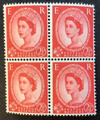 GB STAMPS SG574 T2 2 1/2d CARMINE RED MULTI. CRN. NO PHOS 1959 BLK. OF ...