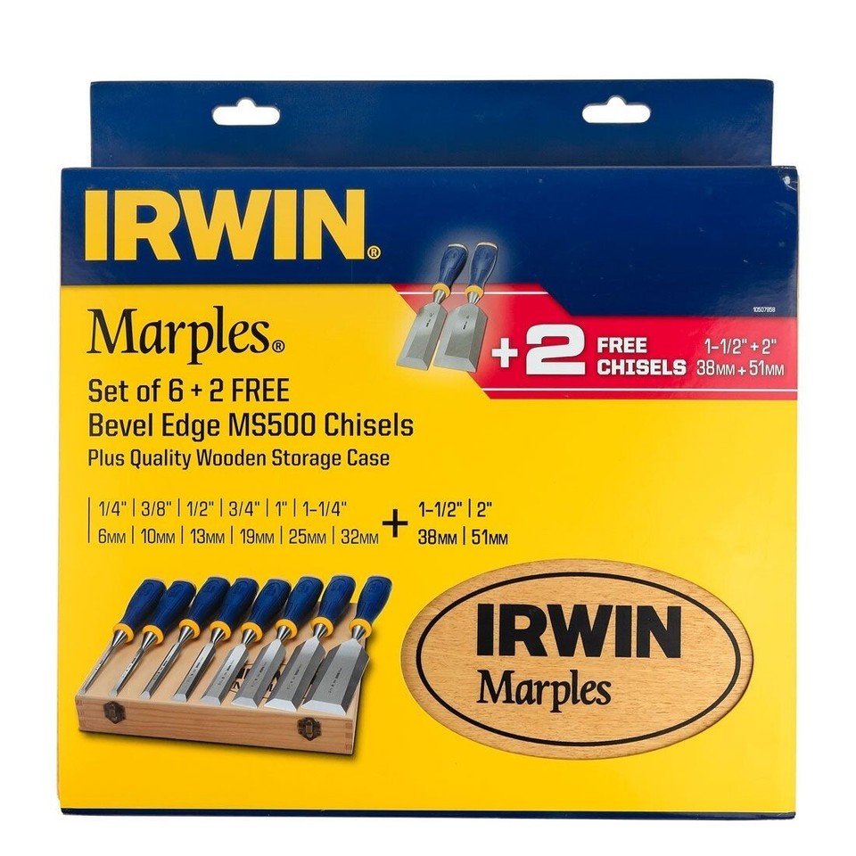 Irwin Marples 8 Pce Striking Cap Wood Chisel Set 1/4" - 2" +Wooden Case ...