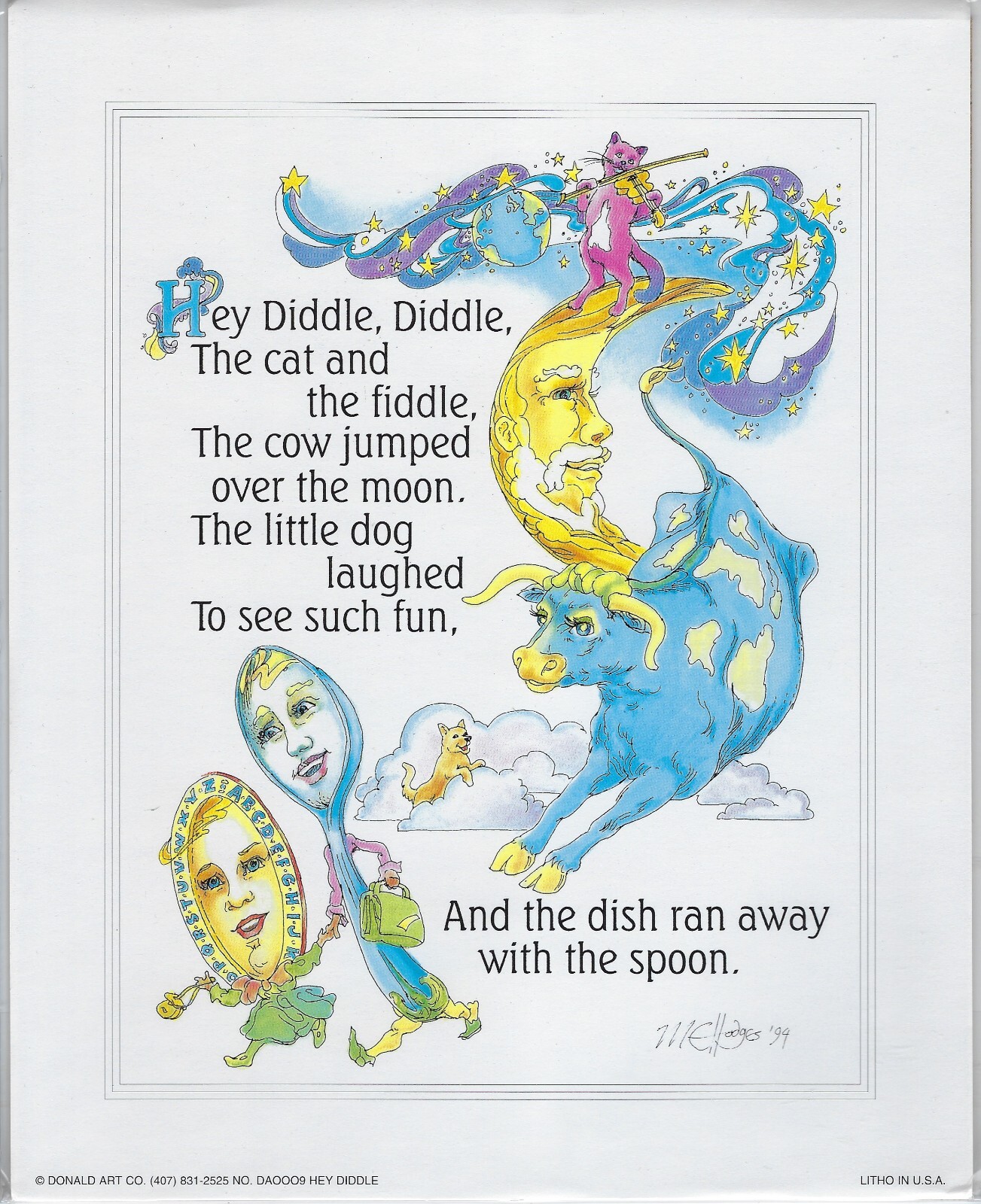 Adorable 8 x 10 Hey Diddle, Diddle Nursery Rhyme Litho Vintage Print M ...