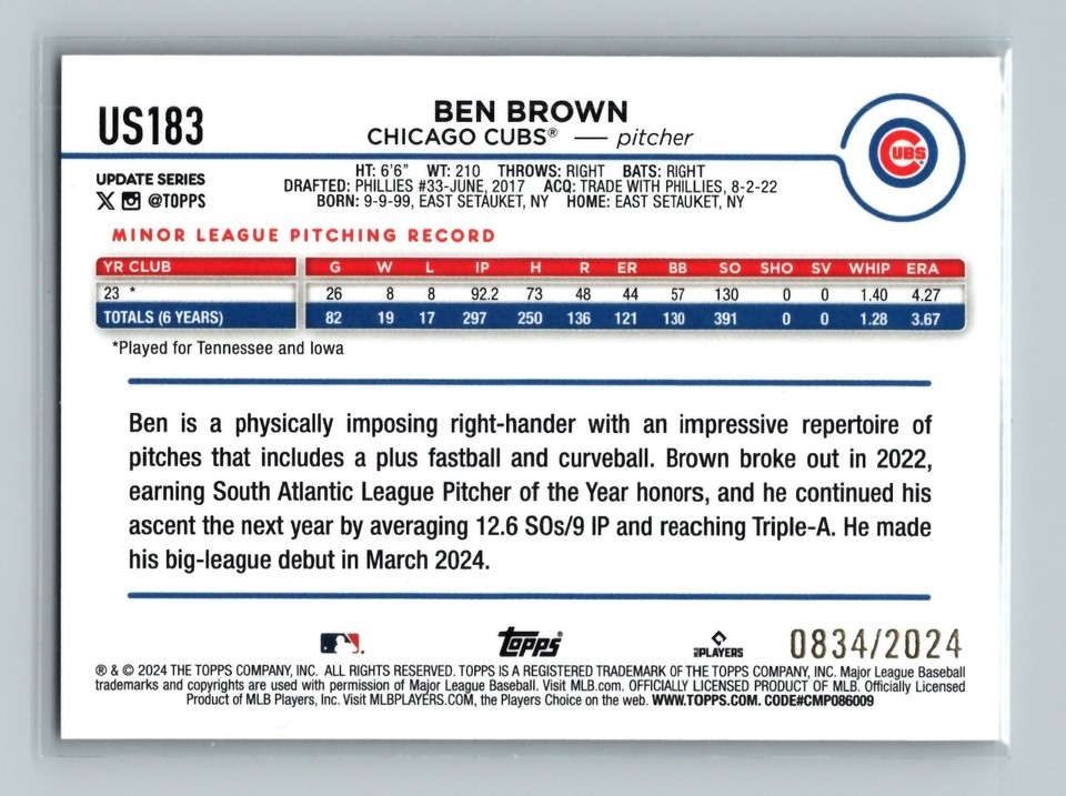 2024 Topps Update #US183 Ben Brown RC Gold /2024 Chicago Cubs | eBay
