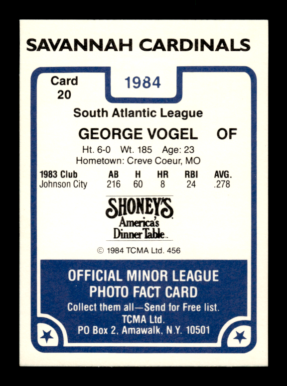 1984 TCMA # 20 George Vogel Card (ML2) Savannah Cardinals | eBay