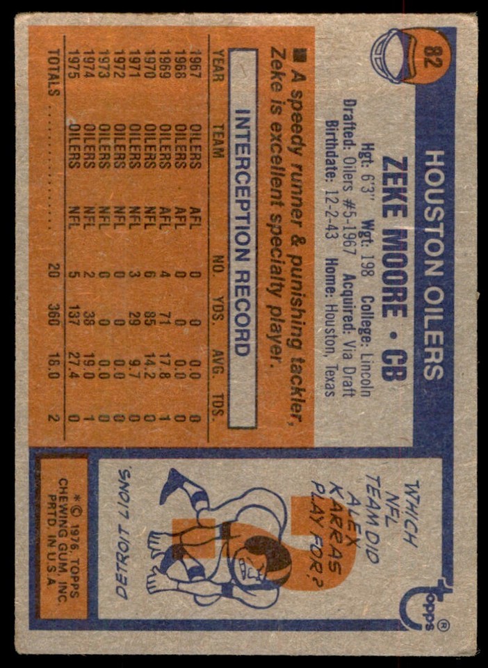 1976 TOPPS ZEKE MOORE . HOUSTON OILERS #82 | eBay