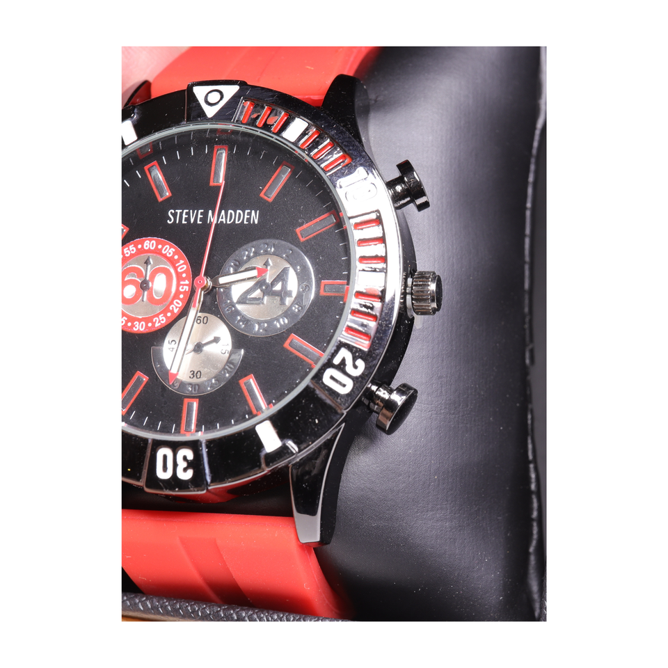 Steve Madden Men's Watch With Black Dial And Red Silicone Band In Box ...