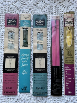 5 Vintage Zippers Talon, Belding Corticelli, J&P Coats Blue, Green ...