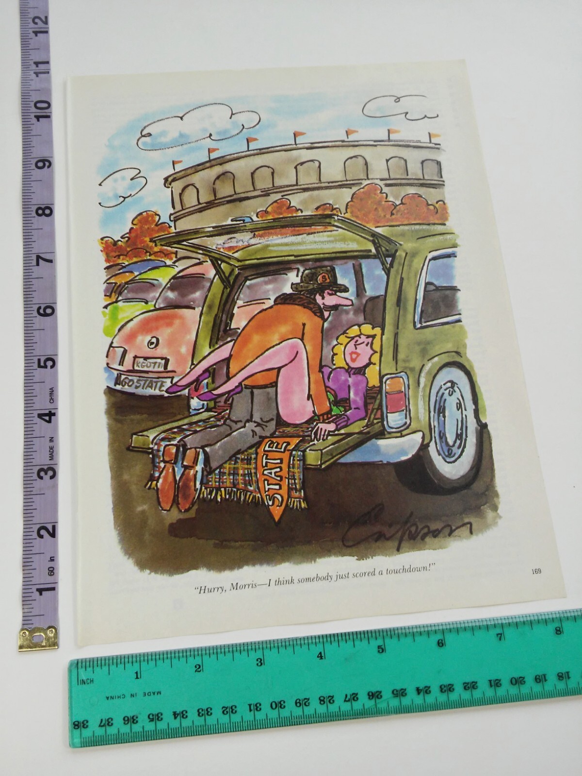 Vtg 1-page Clipping Alden Erikson Cartoon couple car tailgate football ...