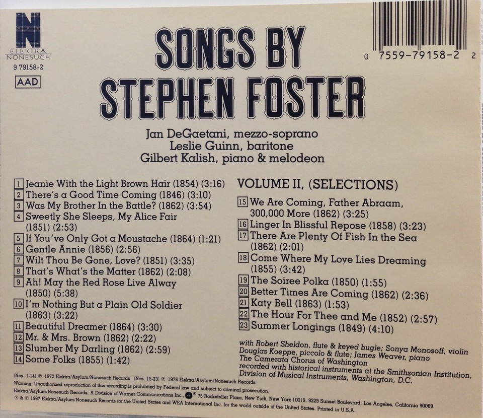 Jan DeGaetani, Leslie Guinn, Gilbert Kalish : Songs By Stephen Foster ...