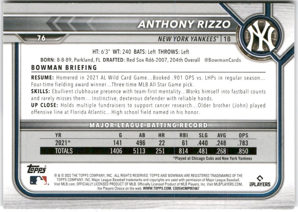 2022 Bowman Paper Anthony Rizzo #76 New York Yankees Baseball | eBay
