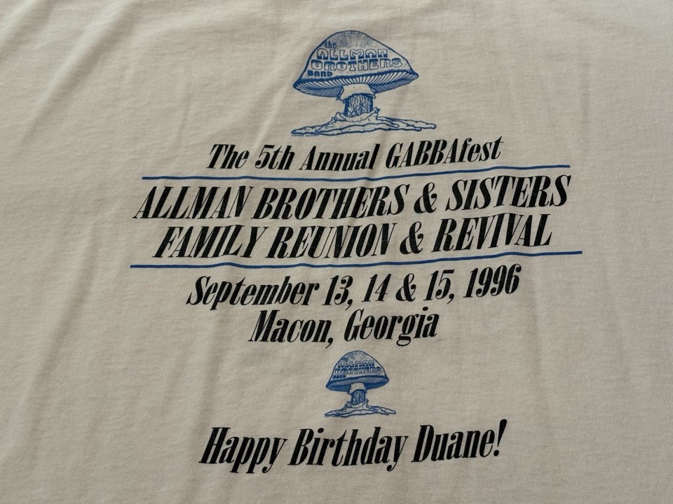 Vintage 1996 Duane Allman-5th Annual Gabbafest T-shirt/mens XL/tag Cut ...