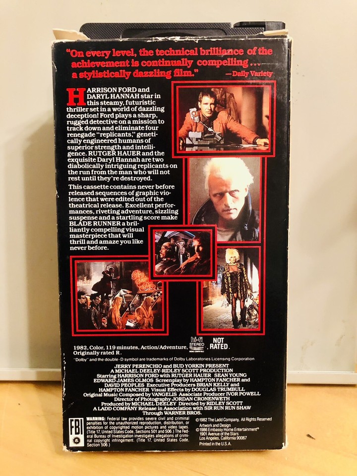 Blade Runner VHS 1982 Nelson Entertainment Harrison Ford 1987 | eBay