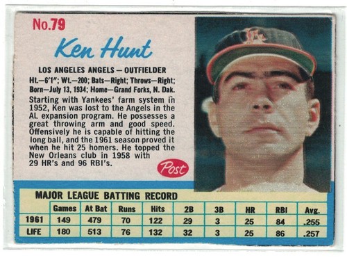 1962 Post #79, Ken Hunt, Los Angeles Angels | eBay