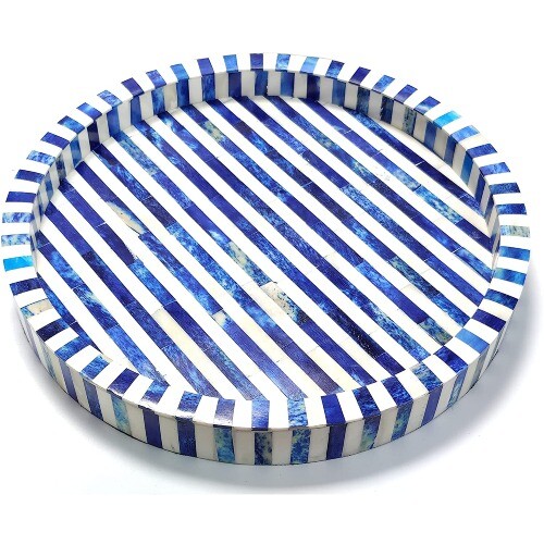 Blue Bone Inlay Tray Round Serving Tray – Ottoman- Wooden Decorative ...