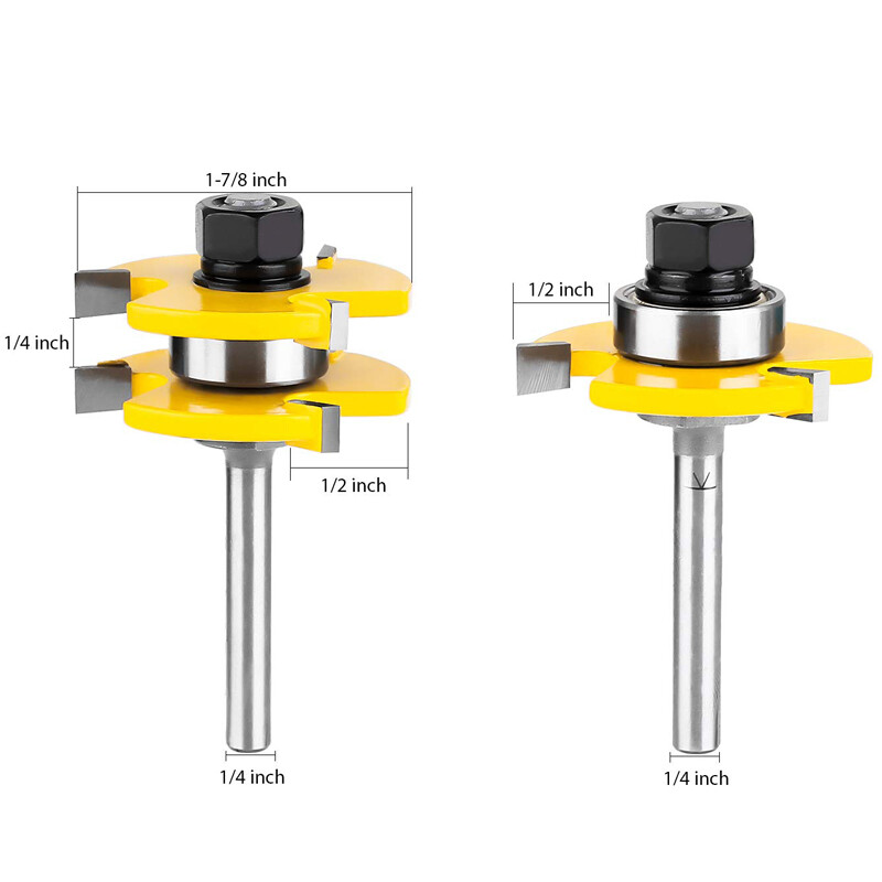2 PCS Tongue and Groove Router Bit Set 1/4 Shank 3 Teeth Adjustable T ...