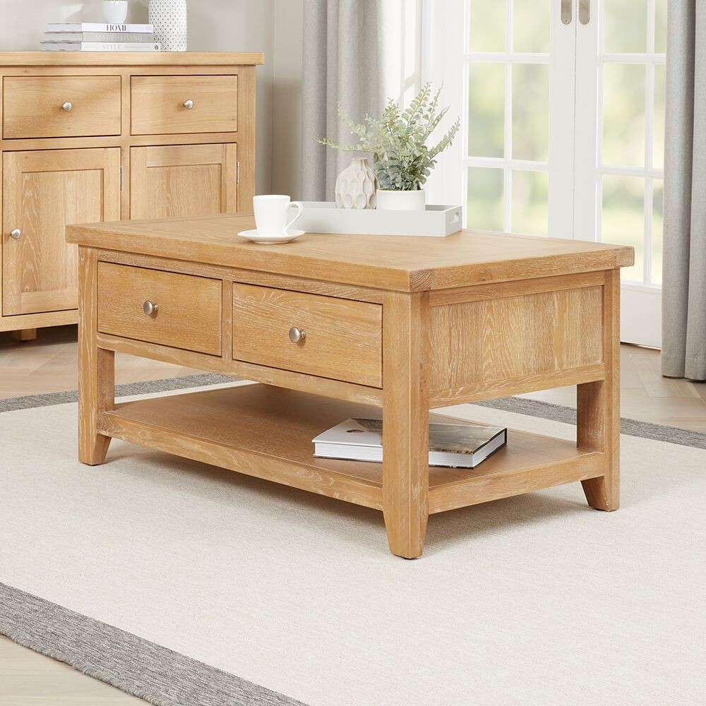 Cheshire Limed Oak 2 Drawer Coffee Table with Shelf- Living Room ...