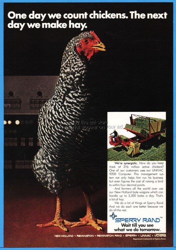 1970 Sperry Rand UNIVAC 9200 Computer chicken New Holland bale wagon ad ...