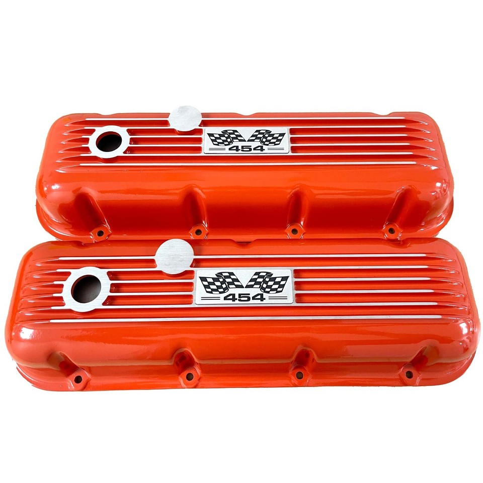 454 Big Block Chevy Finned Orange Valve Covers & 13" Air Cleaner Kit ...
