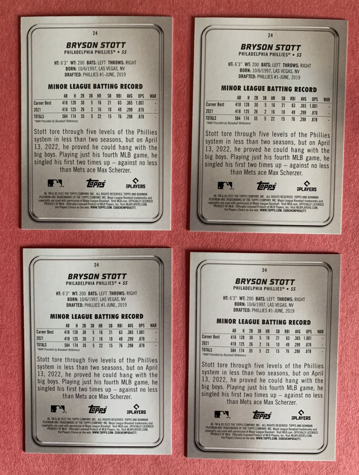 2022 Bryson Stott 7 Card RC Lot 6 Bowman Platinum 1 Optic Phillies | eBay