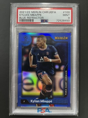 2021-22 Topps Merlin KYLIAN MBAPPE Blue Refractor SSP 21/75 PSA 9 Mint ...