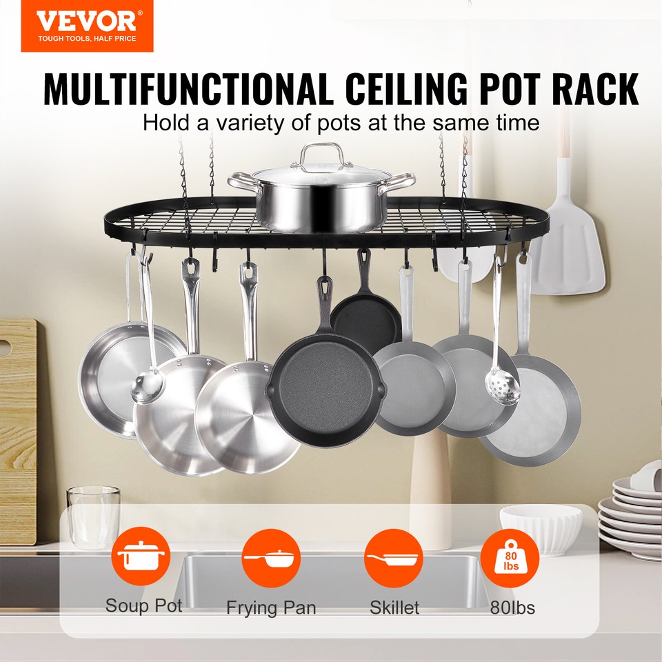 VEVOR Pot and Pan Rack for Ceiling w/ Hooks - Oval Mounted Mounted ...