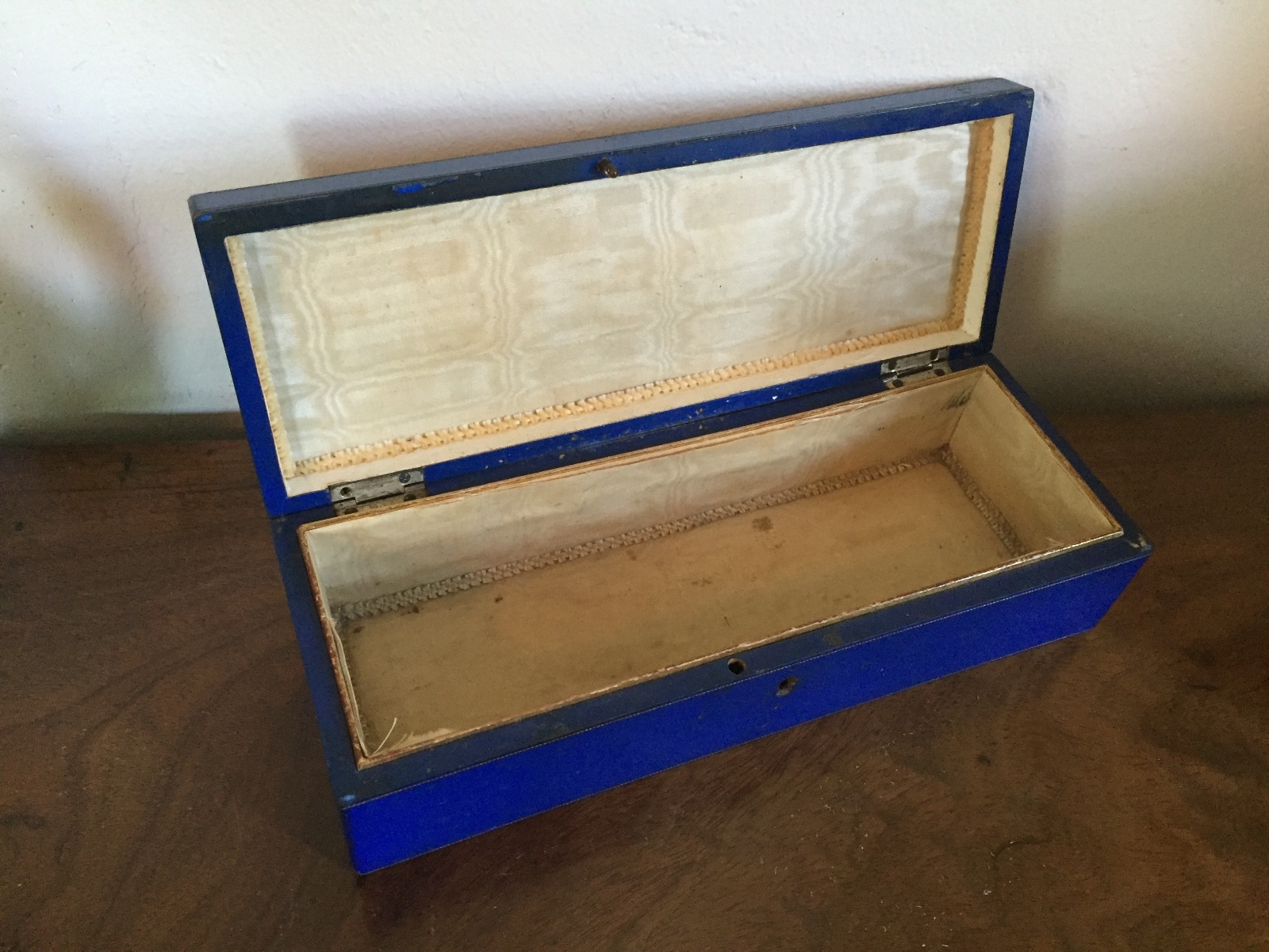 Antique 19th century Wood Blue Lacquer Box Steel Mounts Moreen Lining ...