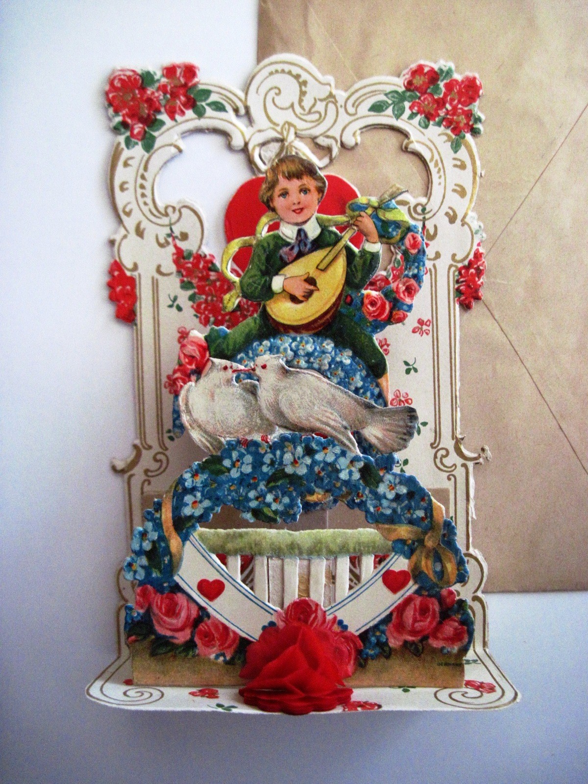Vintage Elaborate Antique Valentine Card w/ Die Cut of Boy Playing ...