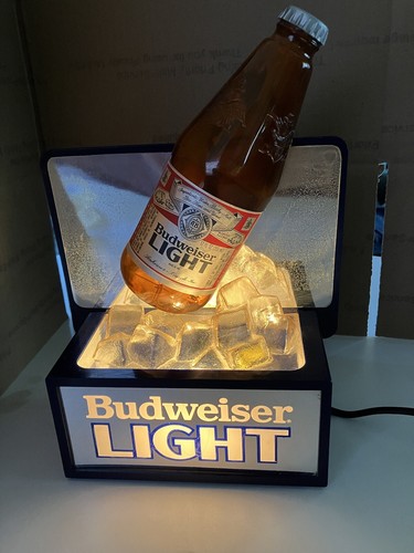 Vintage Budweiser Light Beer Lighted Bottle on Ice Sign Bar Tabletop ...