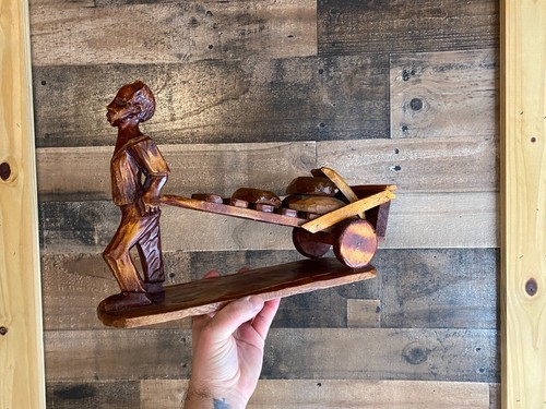 Wood Carved Man Pulling Wagon Rocks VTG Large 10 x 14" Detailed ...