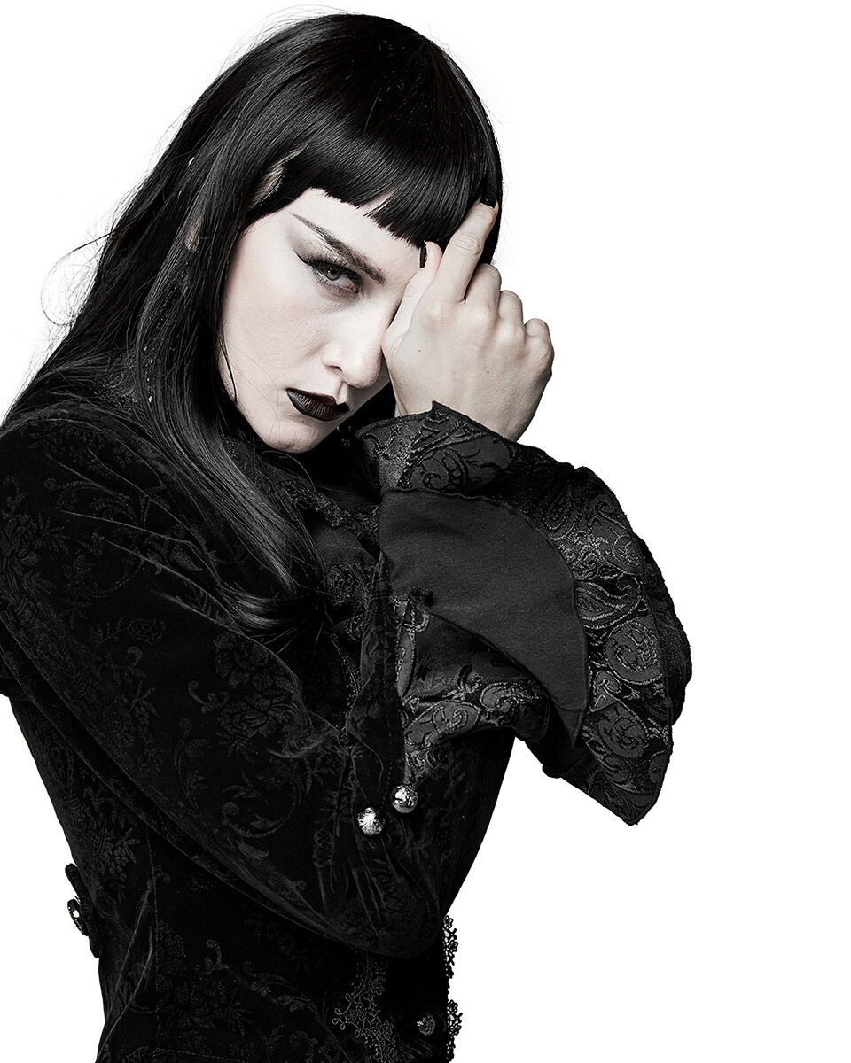 Devil Fashion Womens Goth Tailcoat Jacket Black Velvet Brocade Damask ...