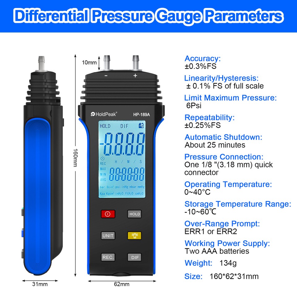 Digital Anemometer and Manometer Dual Port Air Pressure Gauge ...