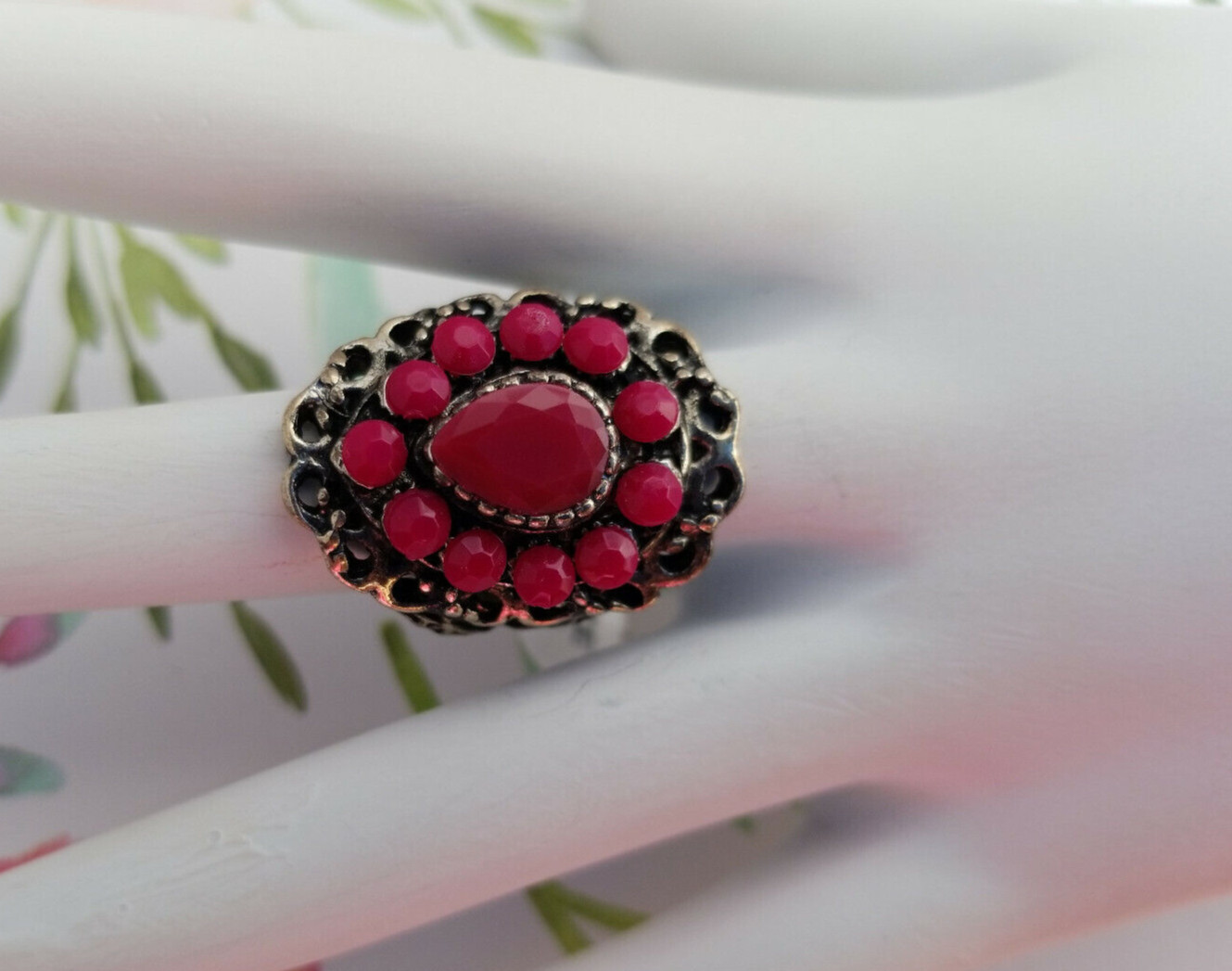 Pink Plastic Rhinestone Silver Tone Cocktail Filigree… - Gem
