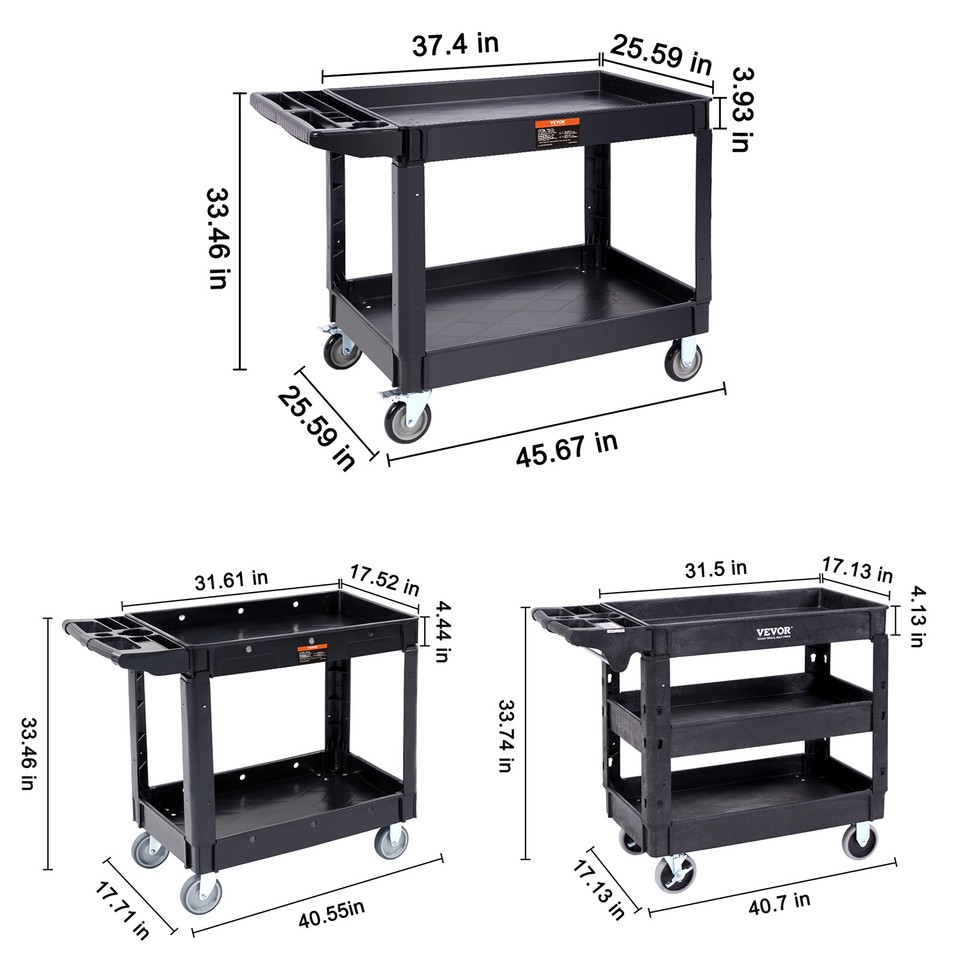 VEVOR Utility Service Cart Rolling Cart 2/3 Shelf 550LBS with 360 ...