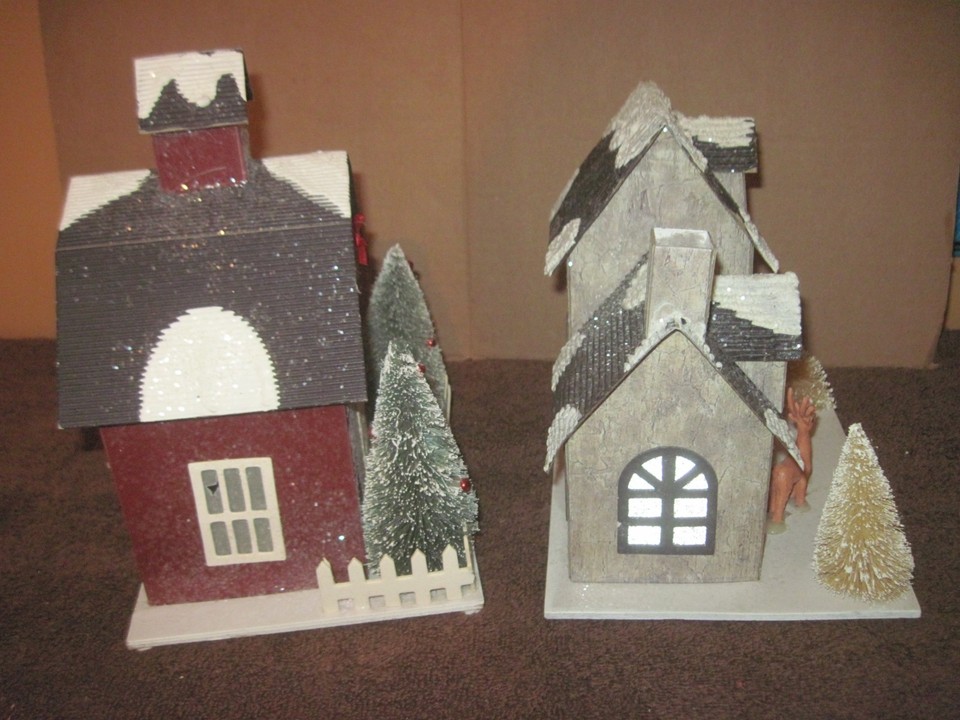 2 Christmas Reproduction Light up Particle Board? Bldgs. House & Barn ...