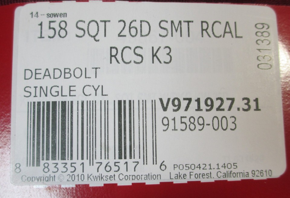 KWIKSET STANLEY deadbolt lock THUMB TURN SMART KEY 158 SQT 26D SMT RCAL ...