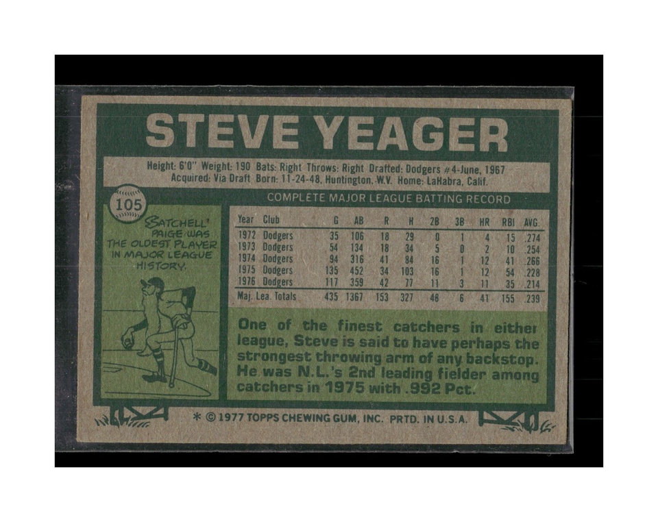 Steve Yeager 1977 Topps Baseball #105 Los Angeles Dodgers | eBay
