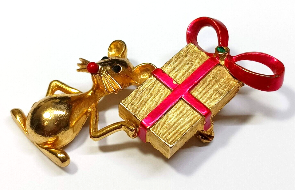 Vintage MYLU Rhinestone Christmas Pin Brooch Gold Tone Mouse with ...