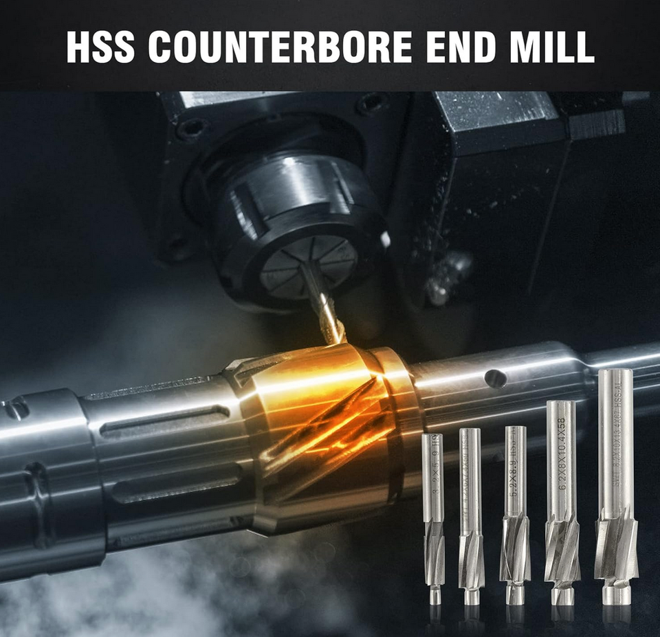 5pcs Counterbore Set High-Speed Steel M3-M8 4 Flutes HSS-AL Straight ...