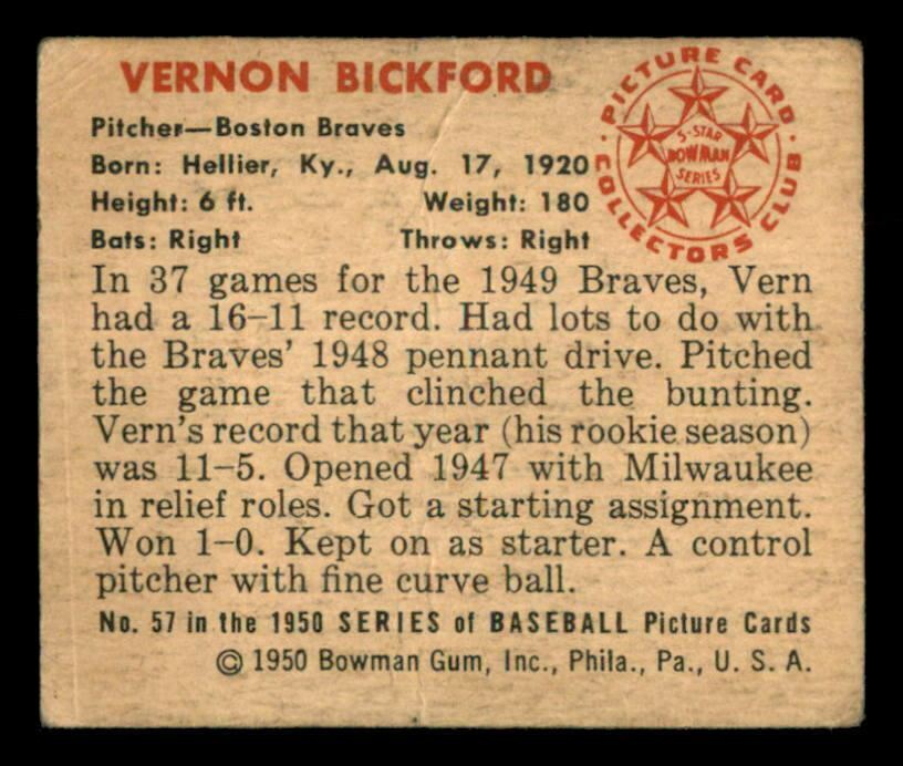 1950 Bowman #57 Vernon Bickford VG (Wrinkle) (MC) JRI3 | eBay