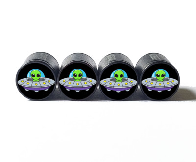 Cartoon Alien in Spaceship Tire Valve Caps - Black Aluminum - Set of ...