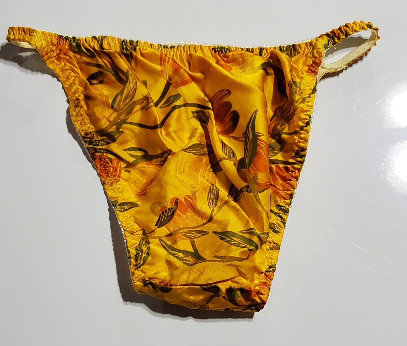 VTG Style Double SILK Gusset String Bikini Panty Shiny Floral Print 5/S ...