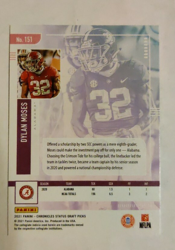 2021 DYLAN MOSES Panini Chronicles Status Draft Picks. Alabama RC ...
