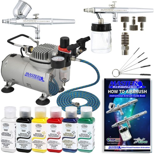 2 AIRBRUSH SYSTEM KIT w/ 6 Primary Testors Aztek Paint Color Set, Air ...
